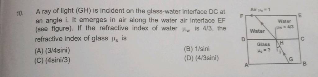 A ray of light (GH) is incident on the glass-water interface DC at an ang..