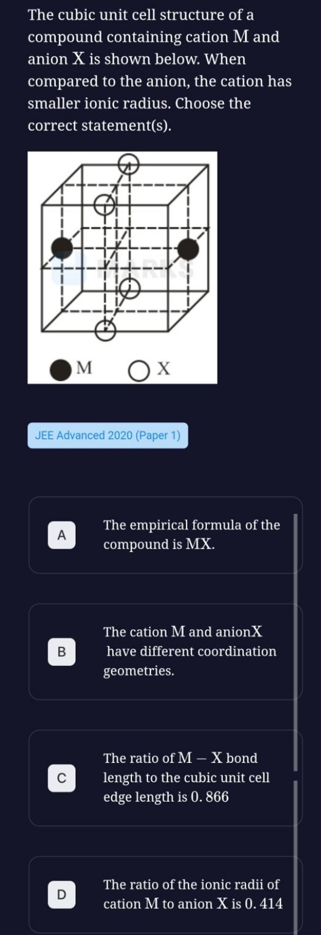 The cubic unit cell structure of a compound containing cation M and anion..
