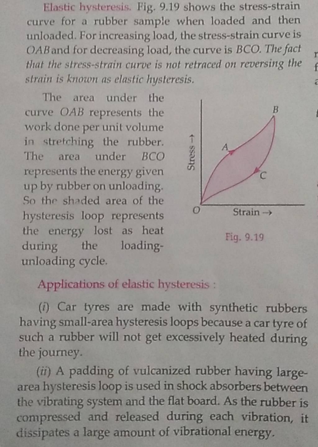 Elastic Hysteresis Fig 9 19 Shows The Stress Strain Curve For A Rubber