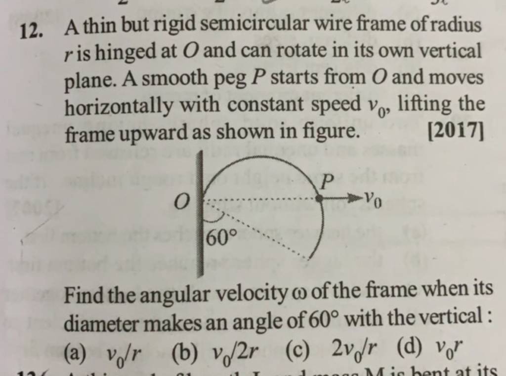 A thin but rigid semicircular wire frame of radius r is hinged at O and c..