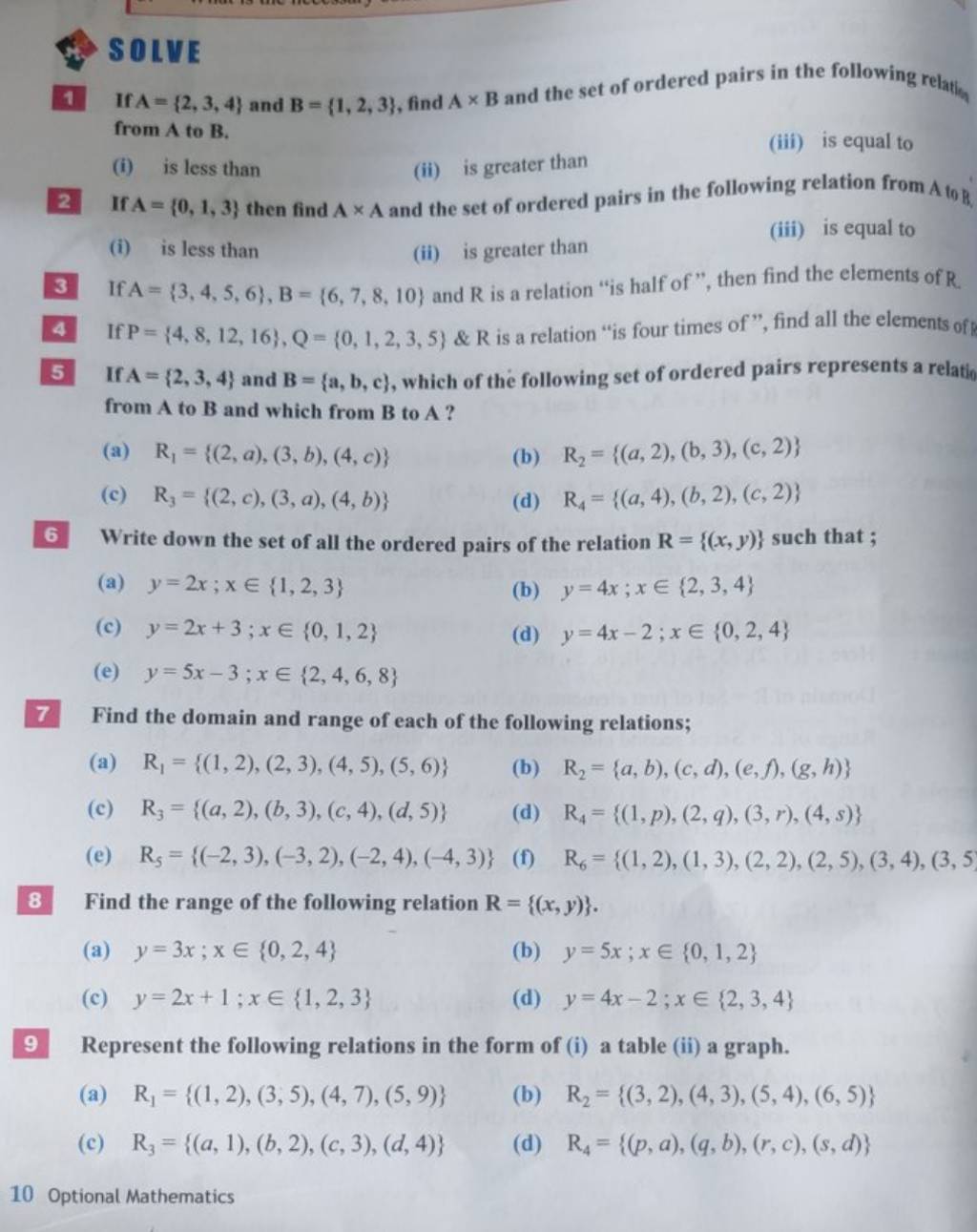 SOIVE 1 If A={2,3,4} and B={1,2,3}, find A×B and the set of ordered pairs..