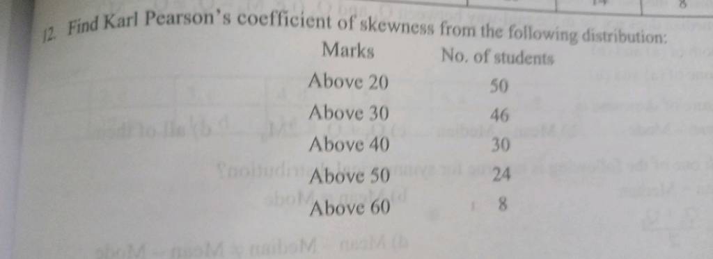 12. Find Karl Pearson's coefficient of skewness from the following distri..