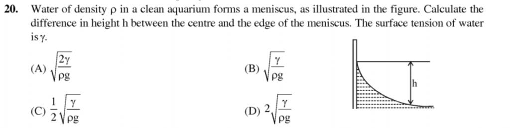 Water of density ρ in a clean aquarium forms a meniscus, as illustrated i..