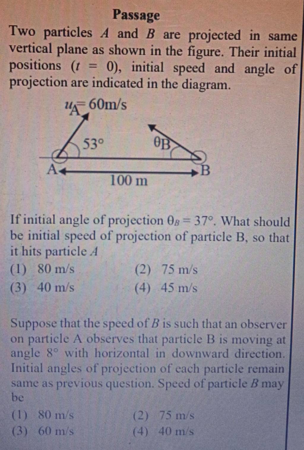 Passage Two particles A and B are projected in same vertical plane as sho..