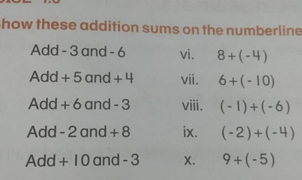 how these addition sums on the numberline Add -3 and -6 vi. 8+(−4) Add +5..