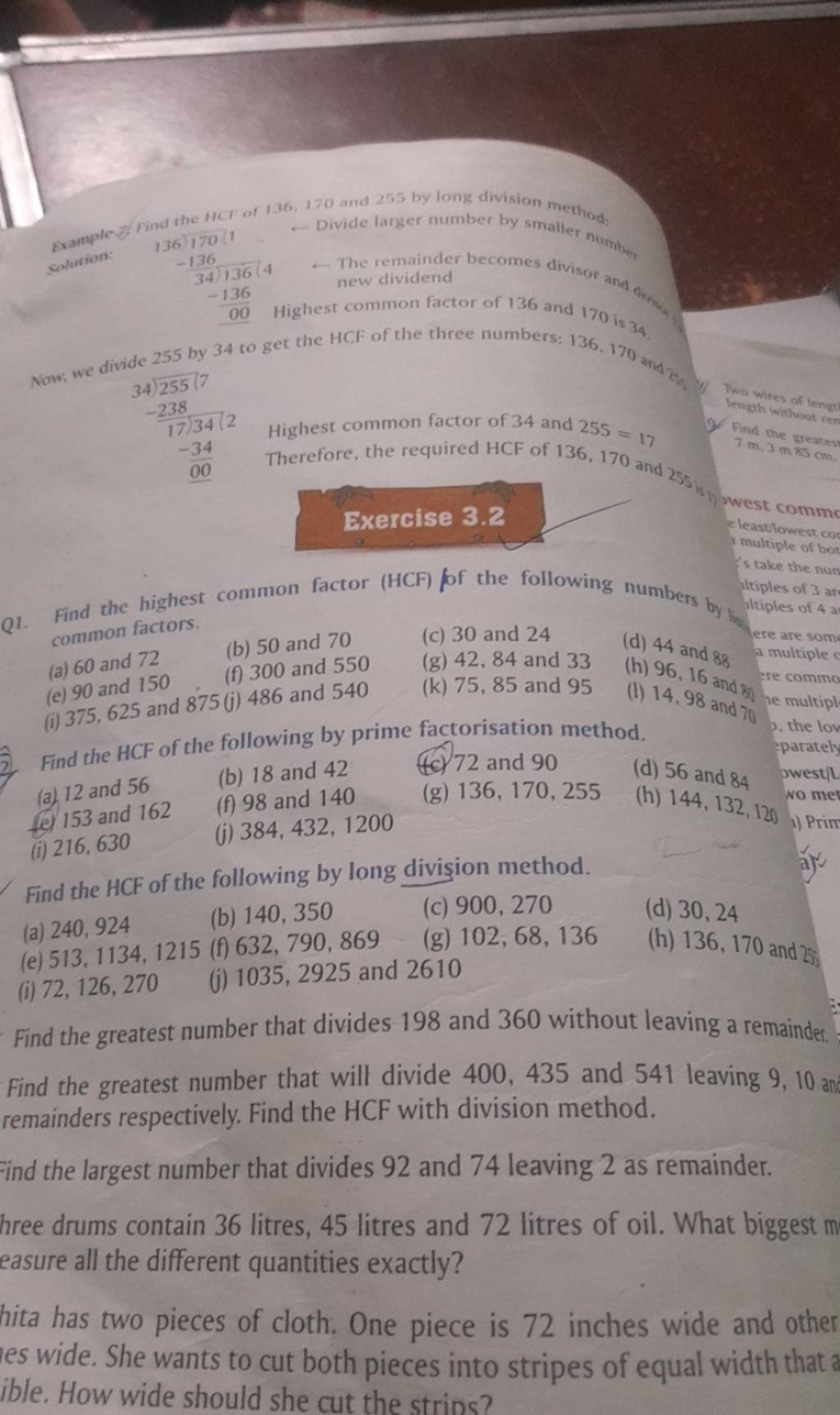 Example 7 Find the HCl of 136,170 and 255 by long division method; 1 3 6