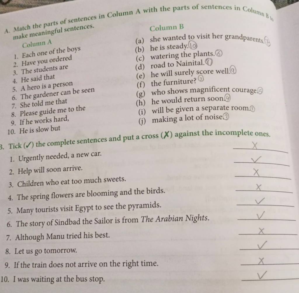 Match The Parts Of Sentences In Column A With The Parts Of Sentences In C 5005