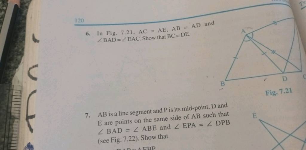 120 6 In Fig 7 21 Ac Ae Ab Ad And ∠bad ∠eac Show That Bc De Fig 7 2