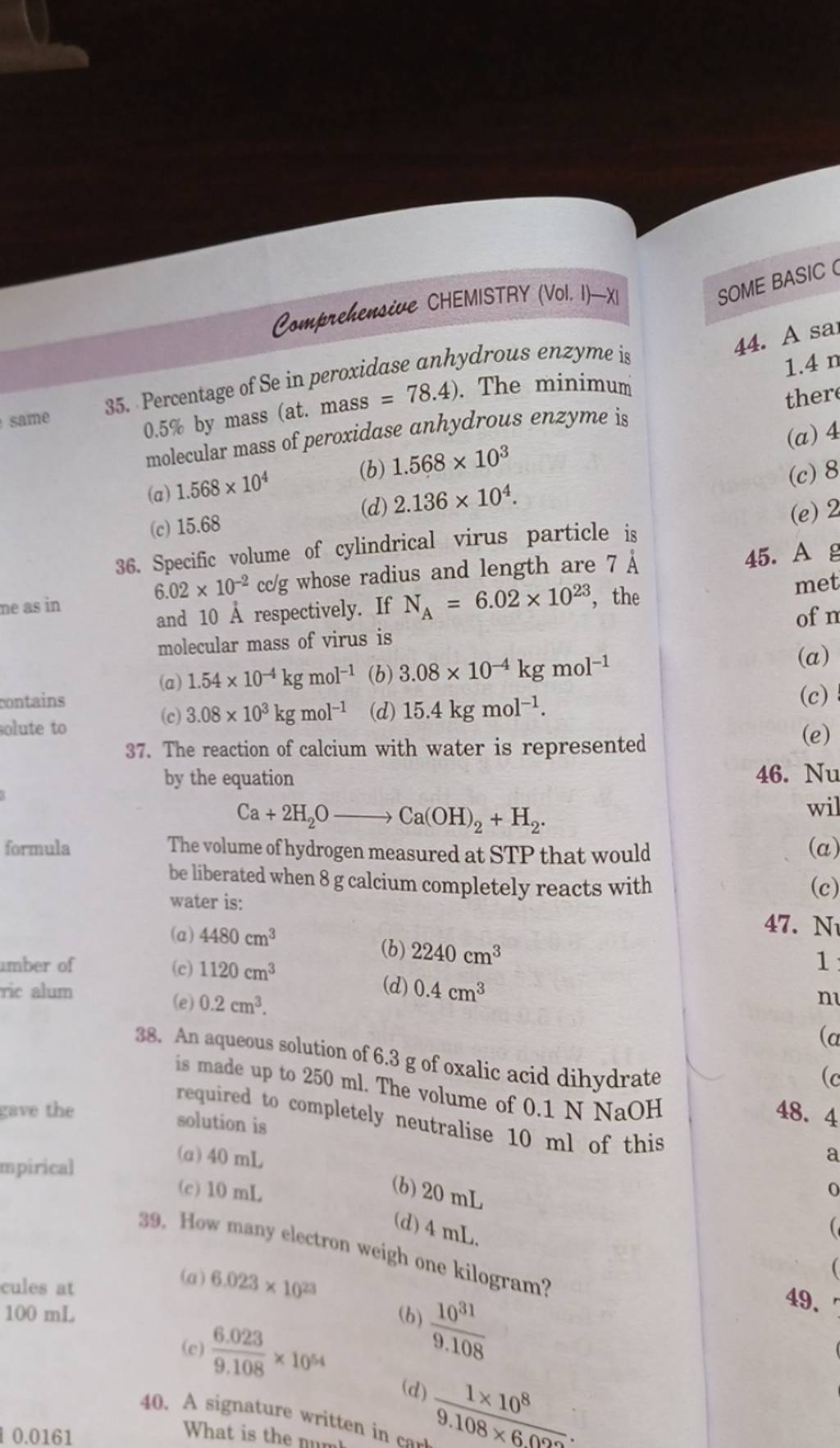 Comprehensive CHEMISTRY (VOI. 1)-XI SOME BASIC 35. Percentage of Se in pe..