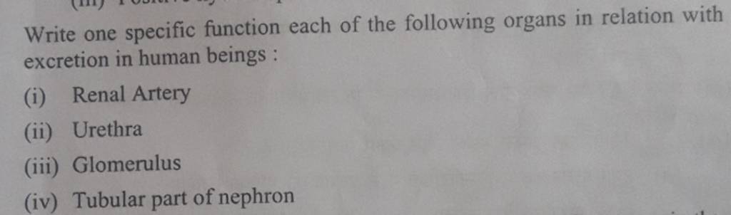 Write one specific function each of the following organs in relation with..