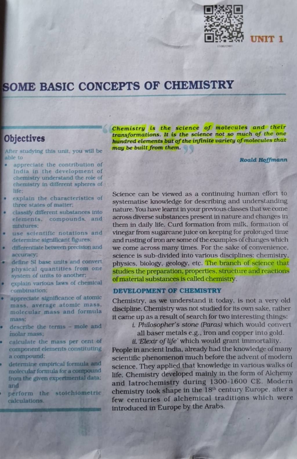 SOME BASIC CONCEPTS OF CHEMISTRY Objectives After studying this unit, you..