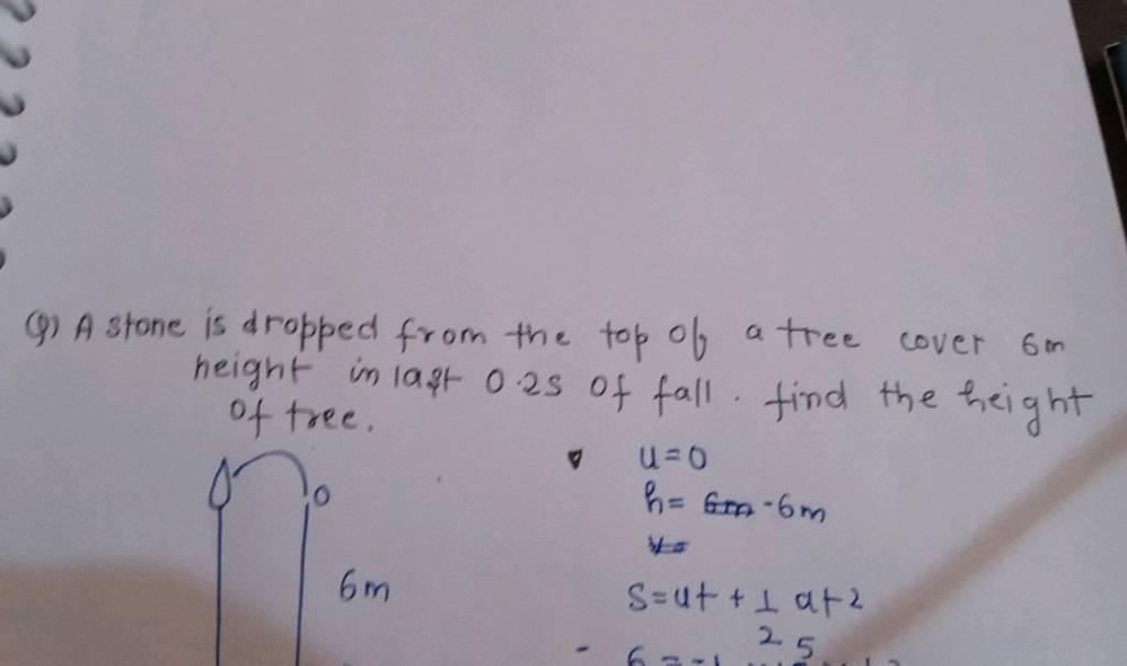 Q) A stone is dropped from the top of a tree cover 6 m height inlast 0.25..