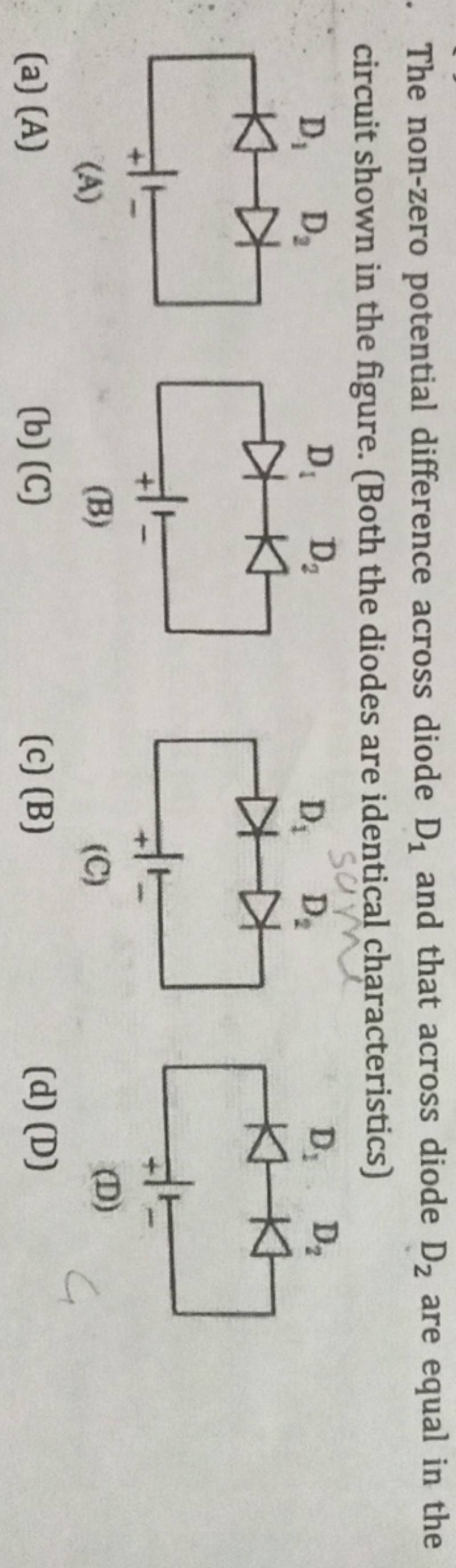 The non-zero potential difference across diode D1 and that across diode