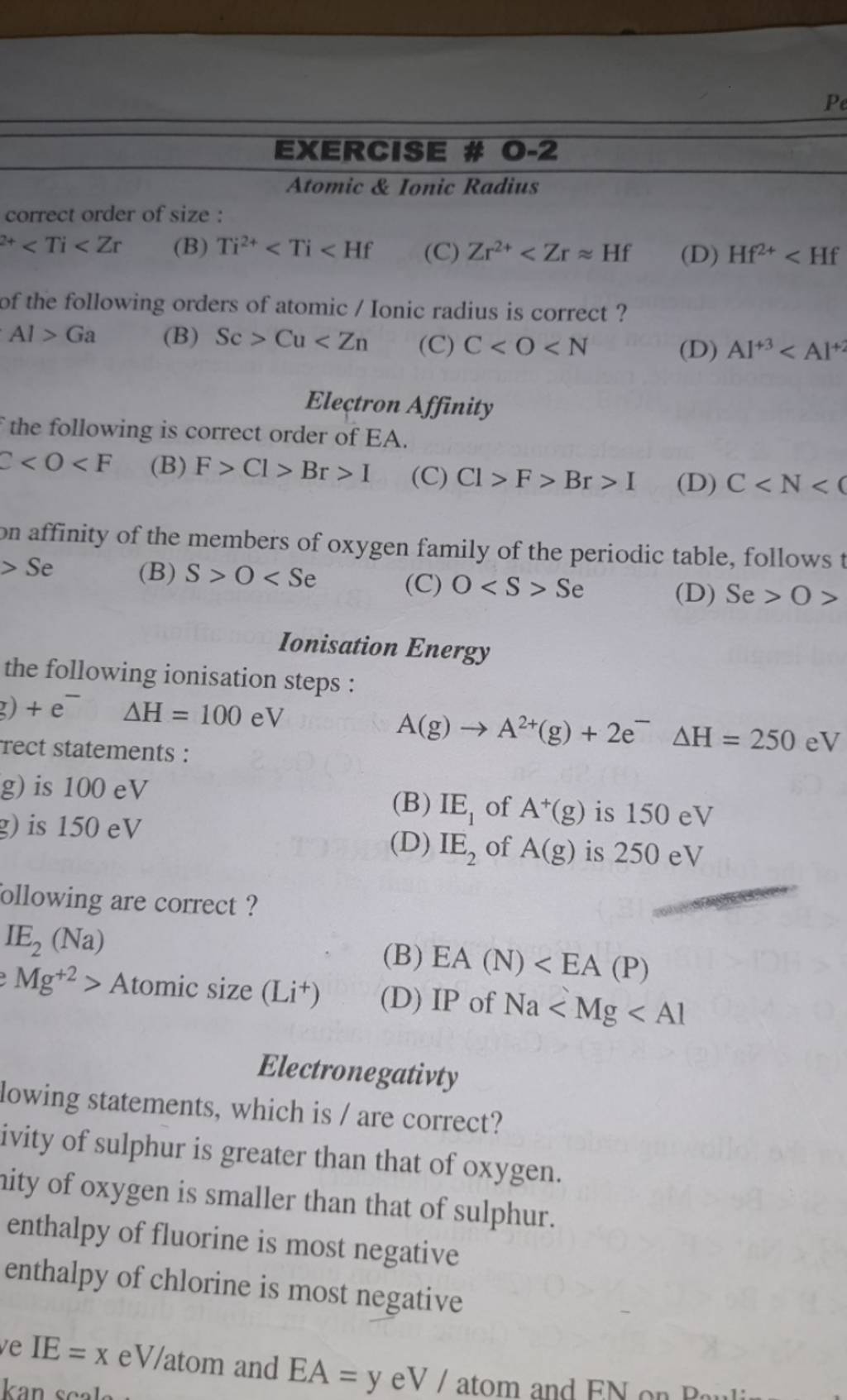 EXERCISE \# O-2 Atomic \& Ionic Radius correct order of size : 2+