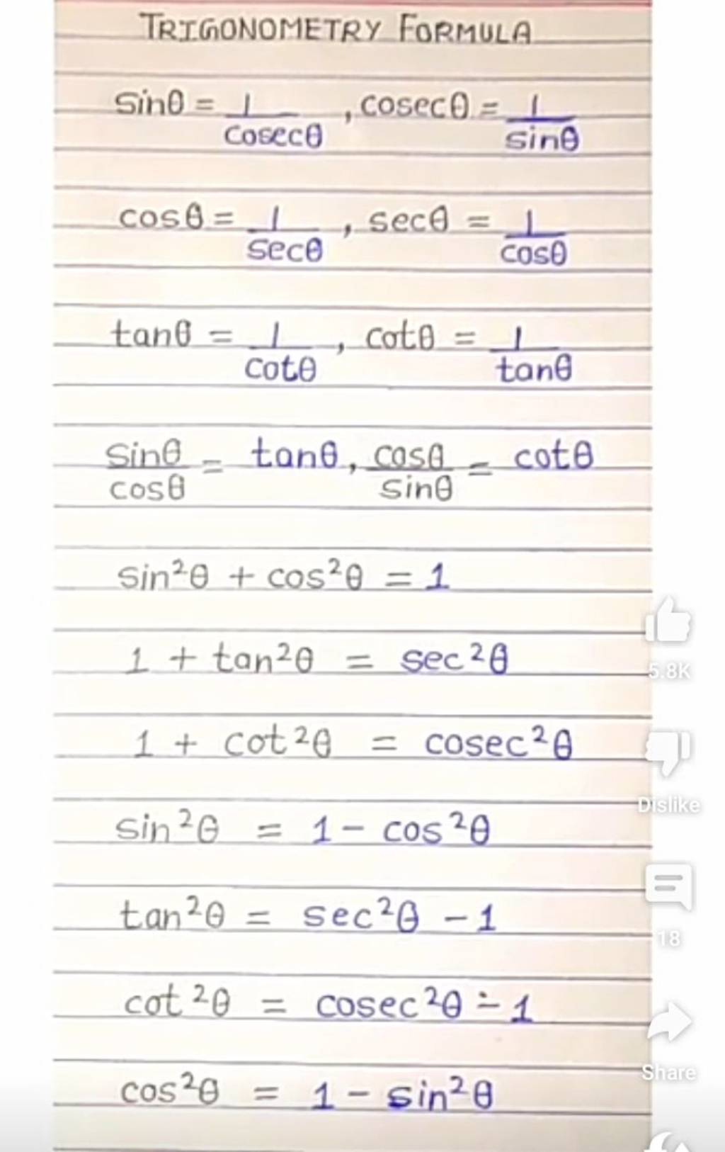 TRIGONOMETRY FORMULA sinθ=cosecθ1 ,cosecθ=sinθ1 cosθ=secθ1 ,secθ=cosθ1 ta..
