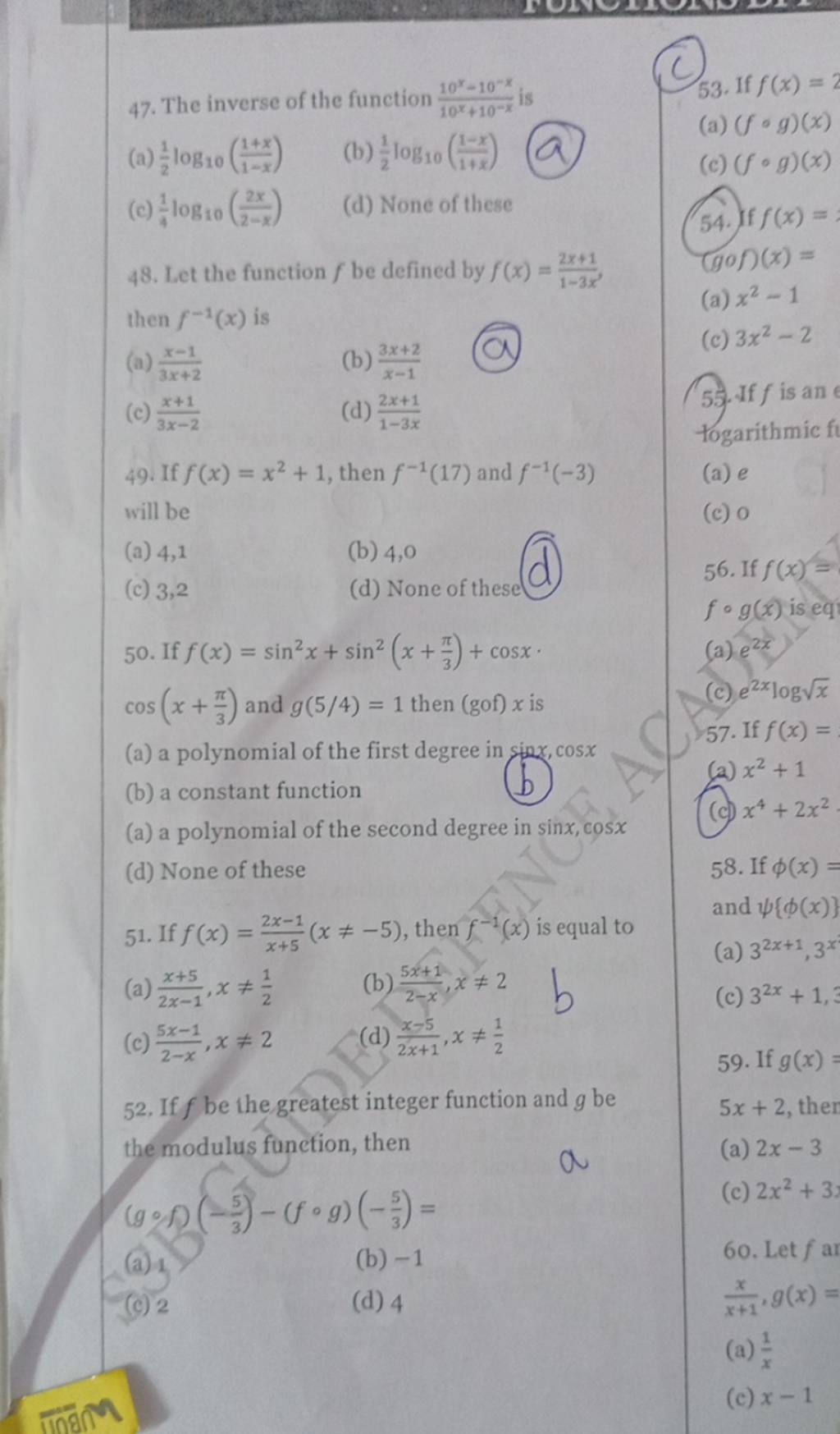 If f(x)=x2+1, then f−1(17) and f−1(−3) will be | Filo