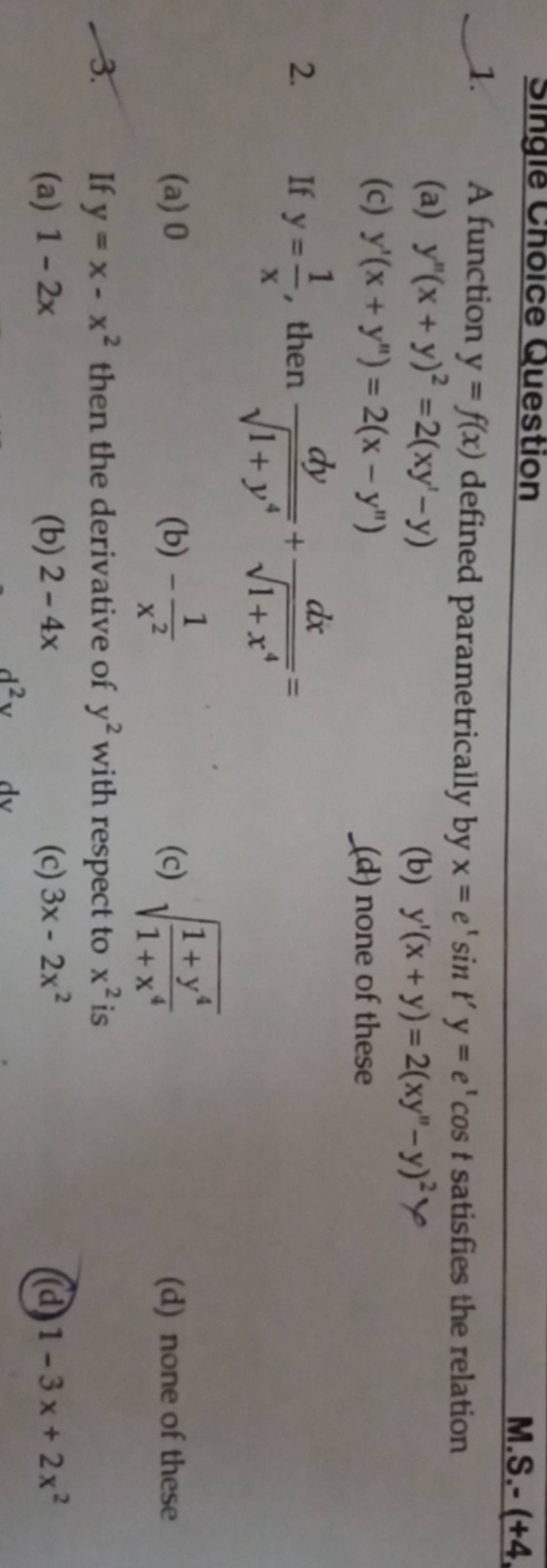 A Function Y F X Defined Parametrically By X E′sint′y E′cost Satisfies T