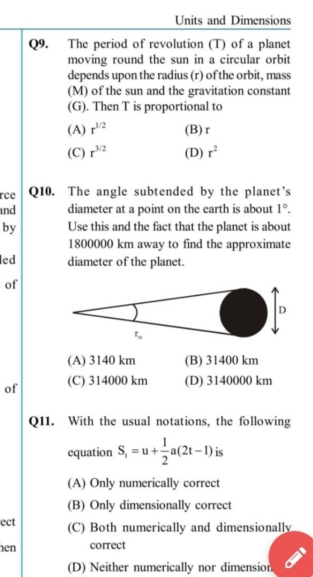 Q10 The Angle Subtended By The Planets Diameter At A Point On The Earth