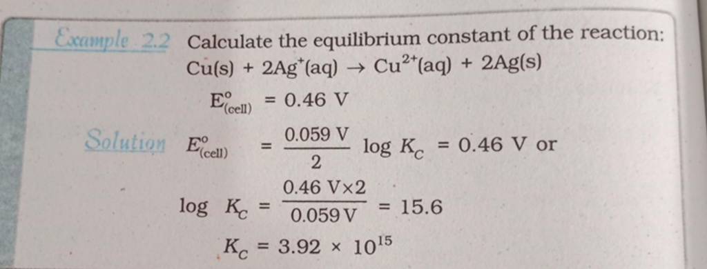 Example 2 2 Calculate The Equilibrium Constant Of The Reaction Cu S E C
