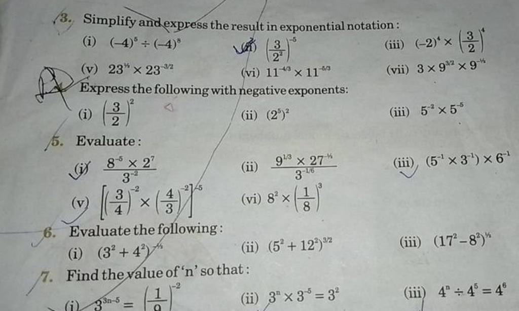 3. Simplify and express the result in exponential notation : (i) (−4)5÷(−..