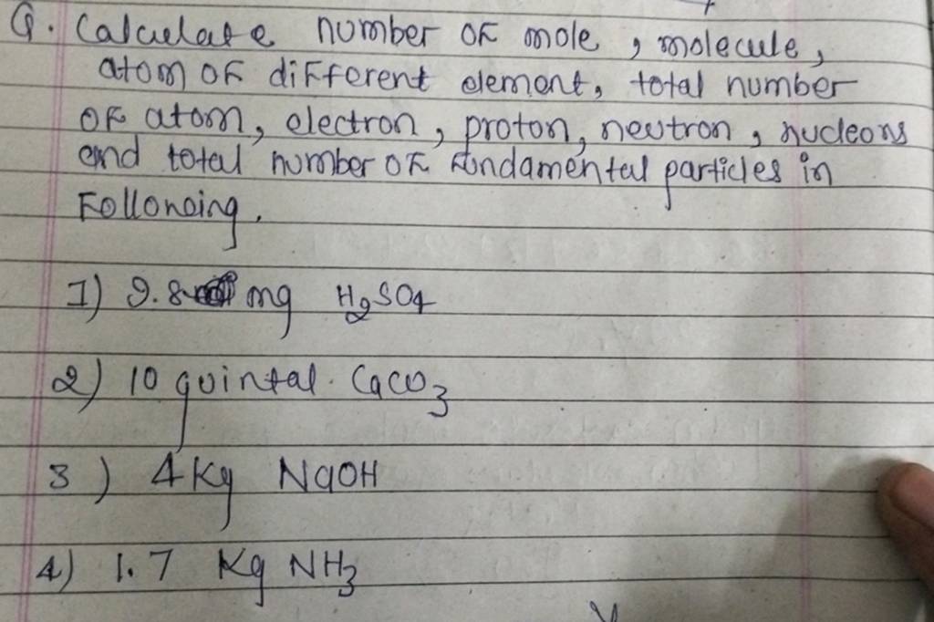 Calculate number of mole, molecule, atom of different element, total numb..