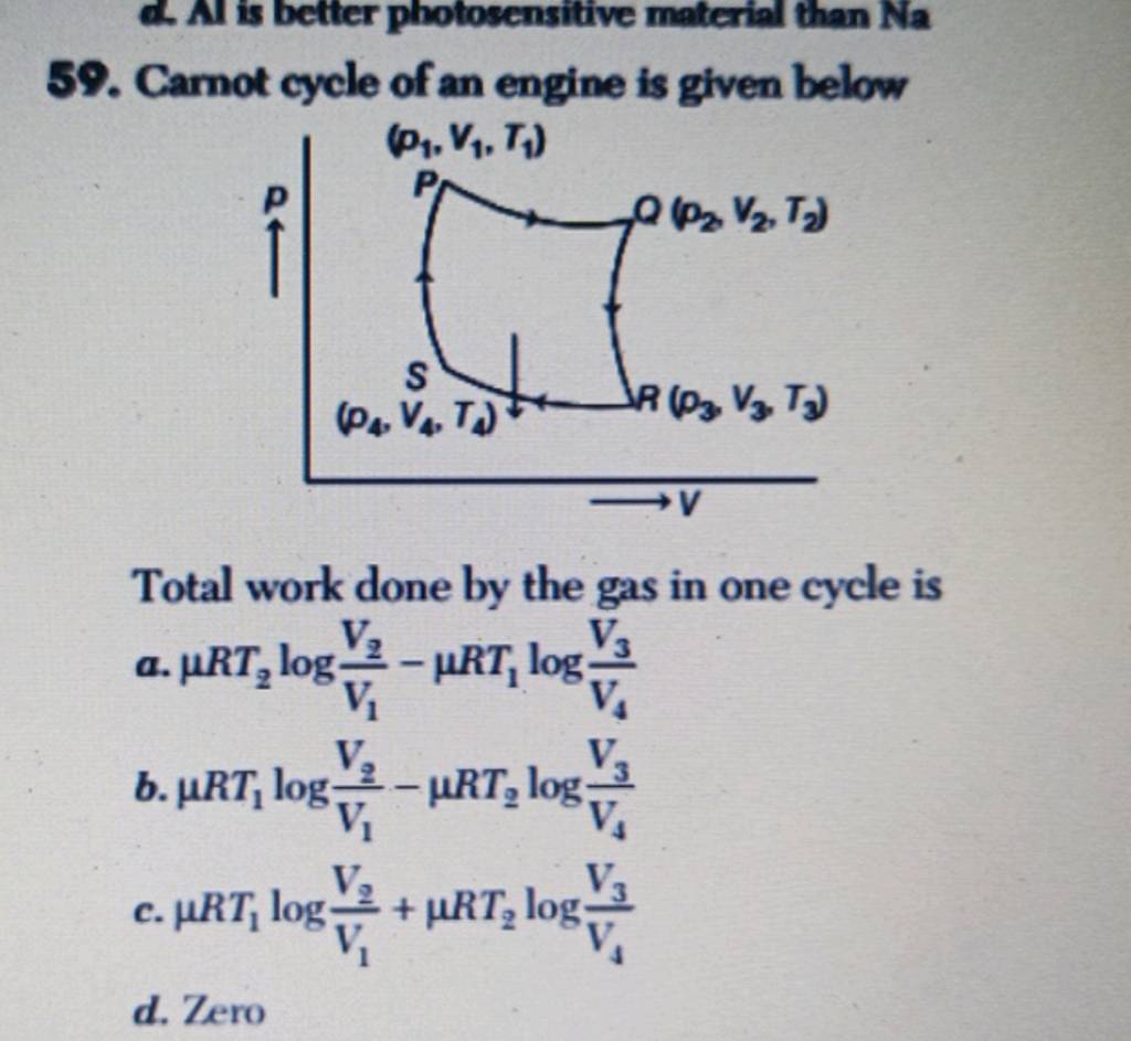 Carnot cycle of an engine is given below Total work done by the gas in on..