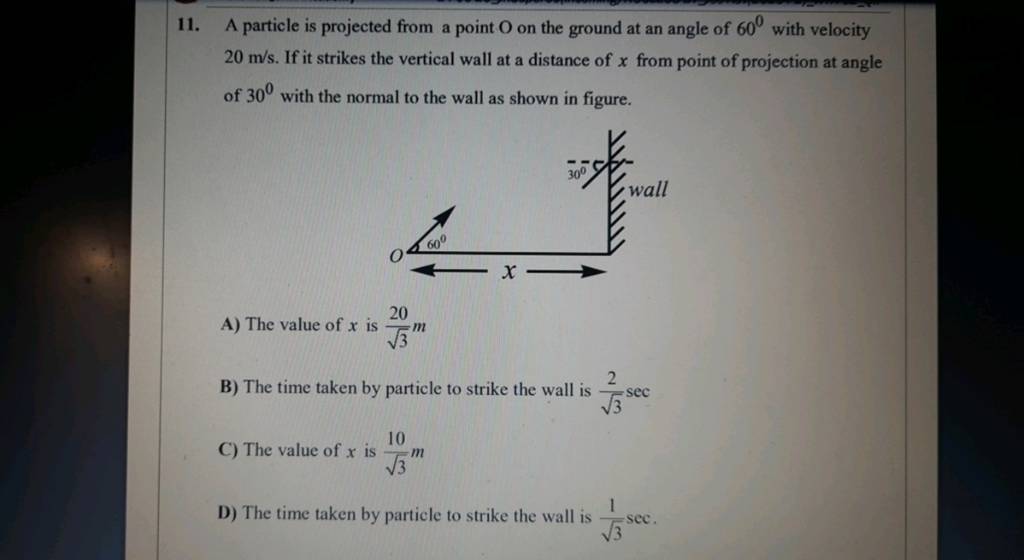 A particle is projected from a point O on the ground at an angle of 60∘ w..