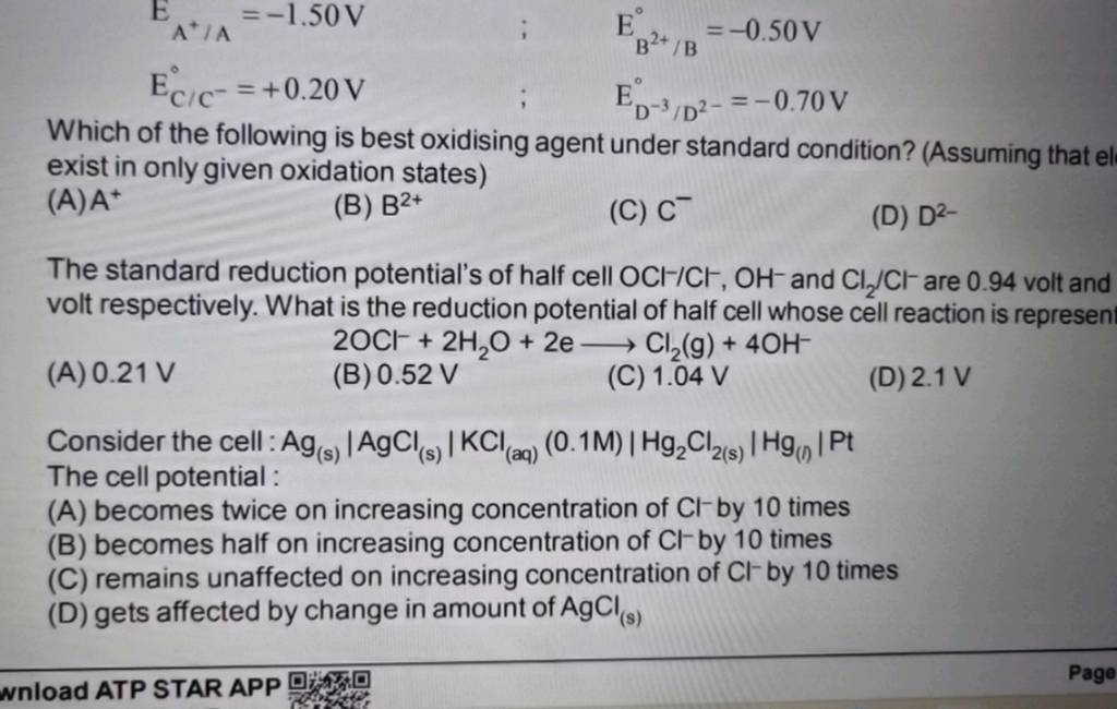 The standard reduction potential's of half cell OCl−/Cl−,OH−and Cl2 /Cl−a..