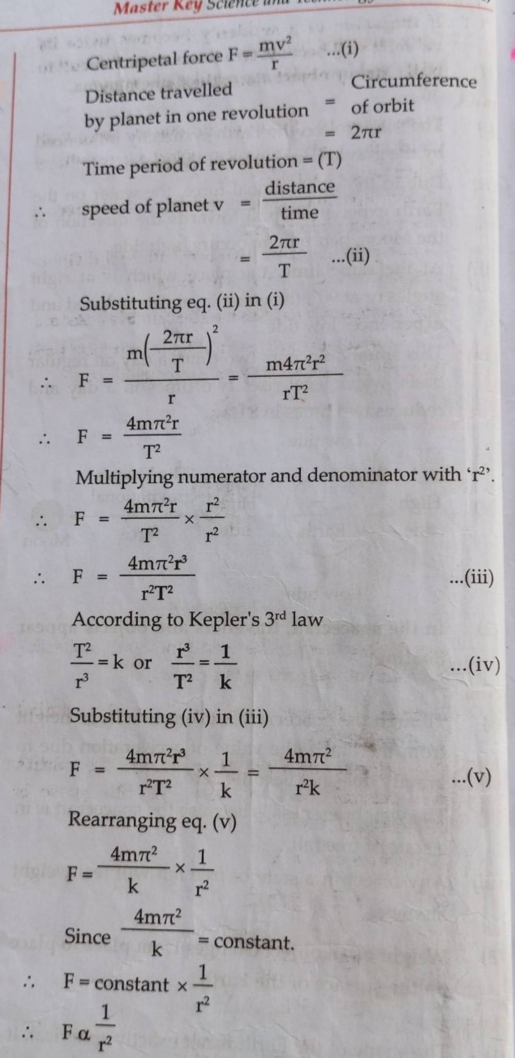 Centripetal force F=rmv2 Distance travelled Circumference by planet in o..