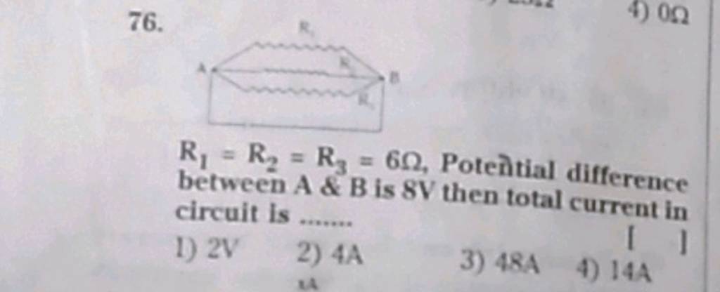 R1 =R2 =R3 =6Ω, Poteǹtial difference between A& B is 8 V then total curre..