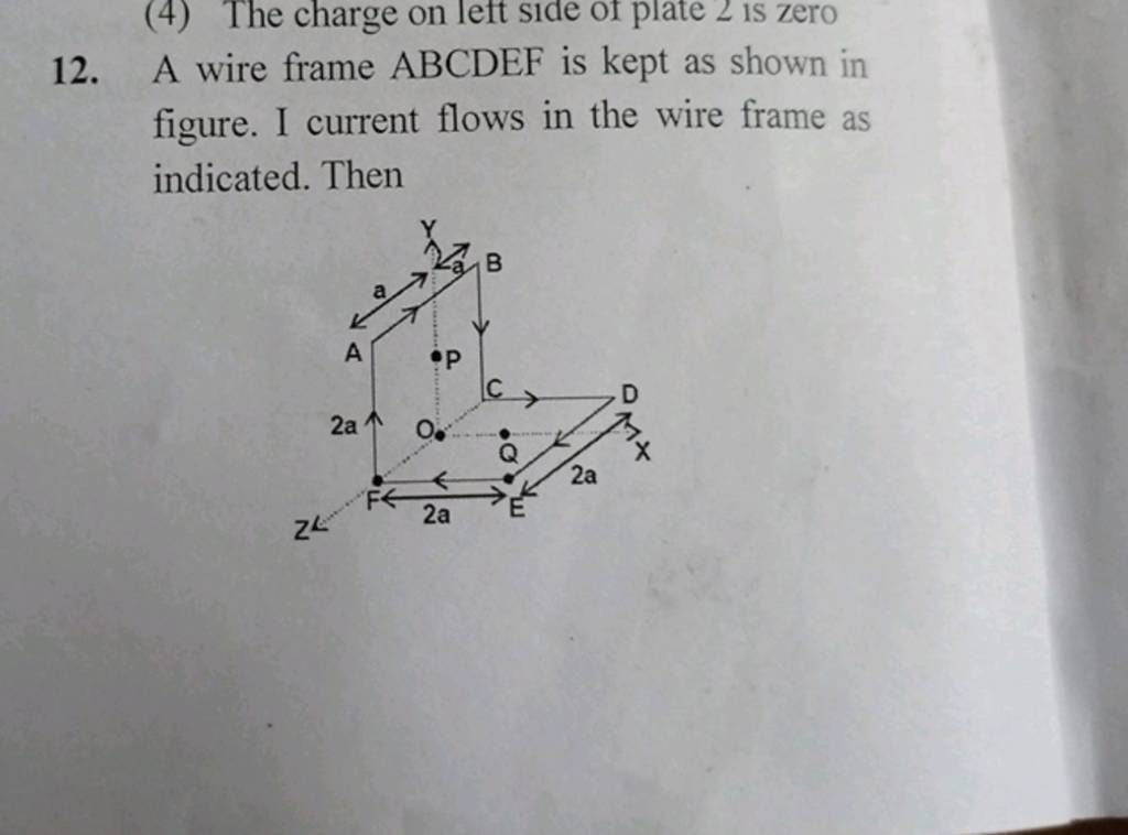 12. A wire frame ABCDEF is kept as shown in figure. I current flows in th..