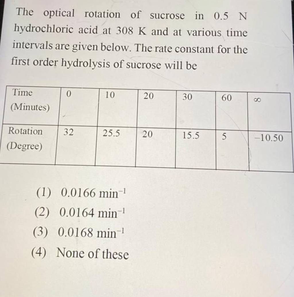 The optical rotation of sucrose in 0.5 N hydrochloric acid at 308 K and a..