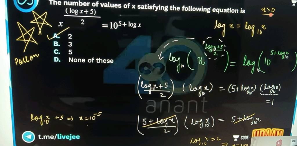 The Number Of Values Of X Satisfying The Following Equation Is X 0 X2 Log