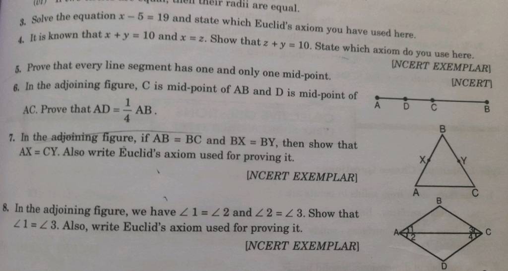 3. Solve the equation x−5=19 and state which Euclid's axiom you have used..