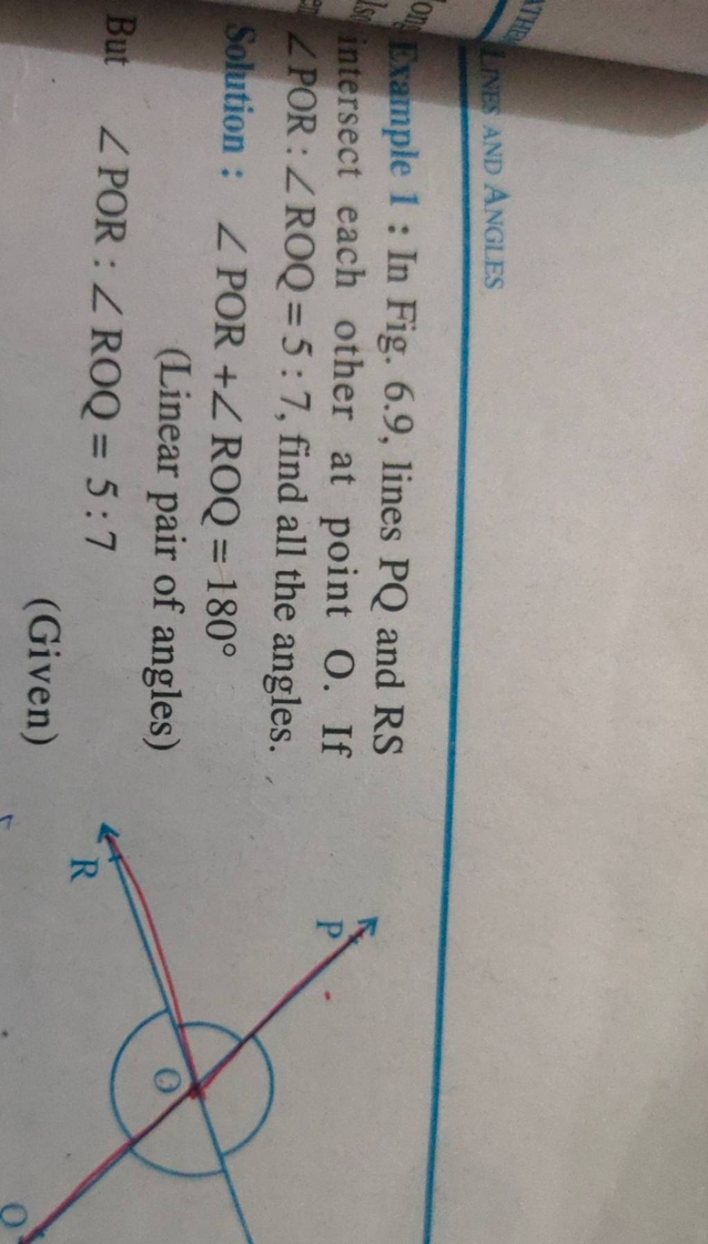 LINES AND ANGLES Example 1 : In Fig. 6.9, lines PQ and RS intersect each