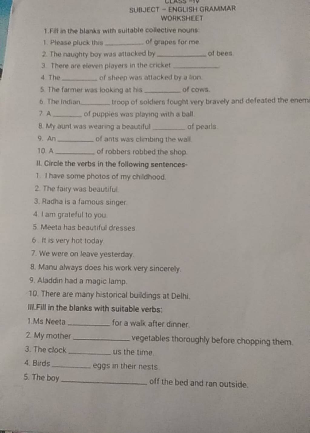 SUBJECT - ENGLISH GRAMMAR WORKSHEET | Filo