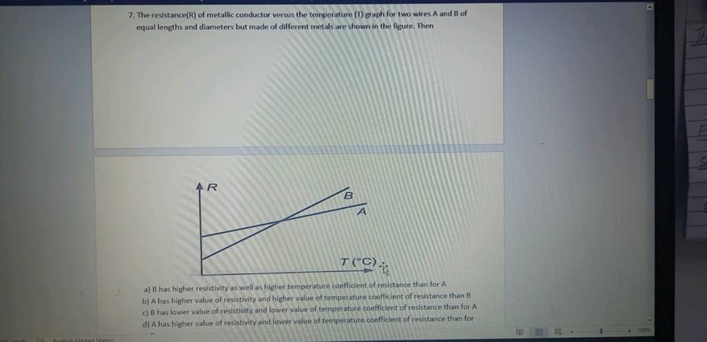 The resistance(R) of metallic conductor versus the temperature (I) graph