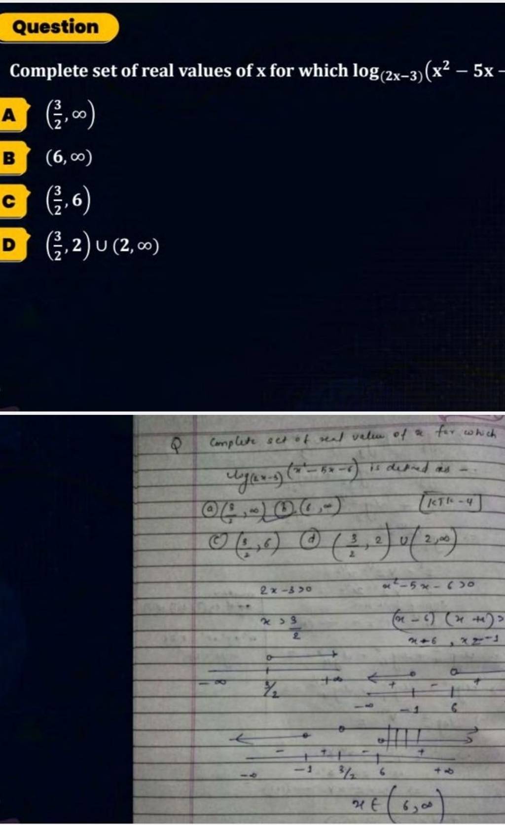 Question Complete set of real values of x for which log(2x−3) (x2−5x− A