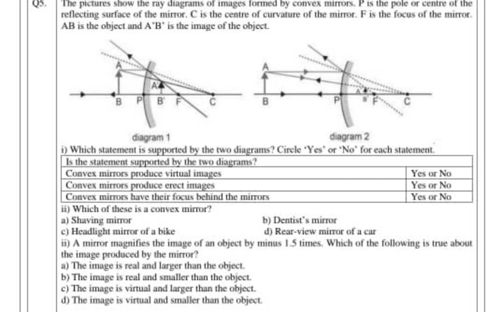 Q5, The pictures show the ray diagrams of images formed by convex mirrors..