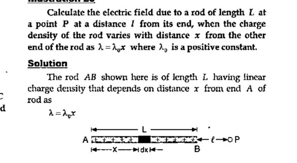 Calculate the electric field due to a rod of length L at a point P at a d..