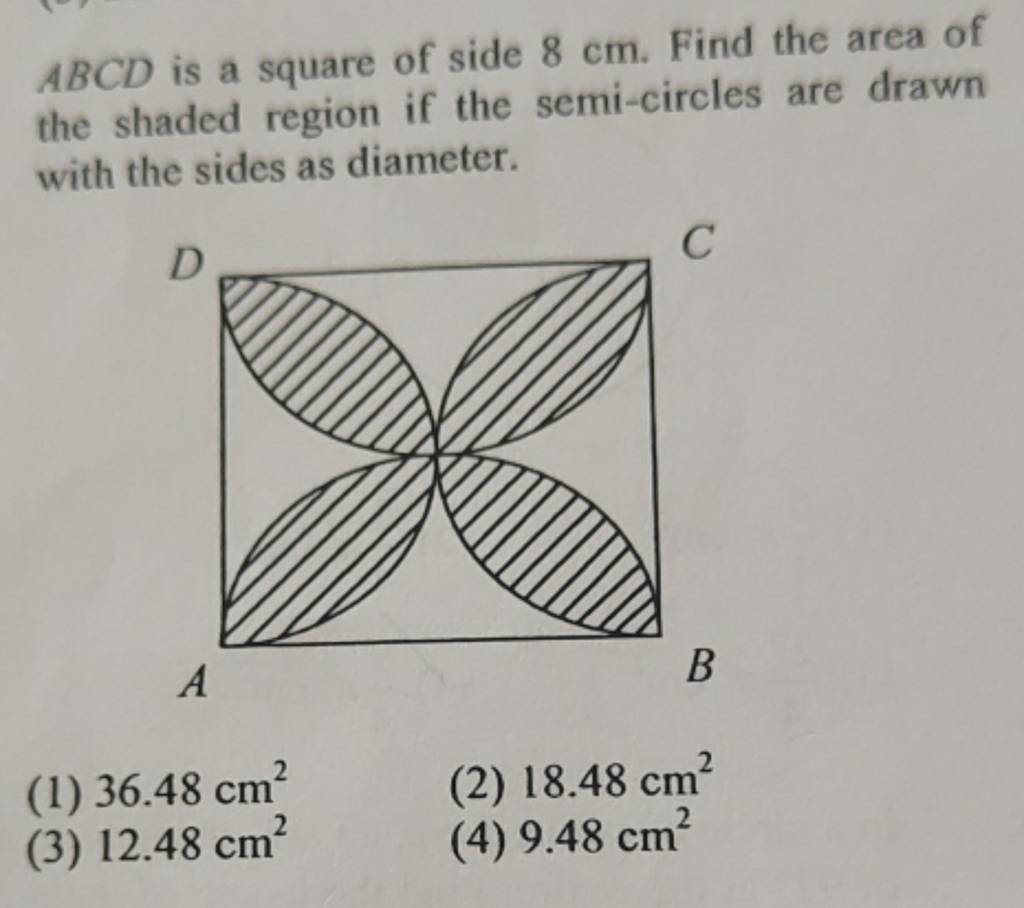 ABCD is a square of side 8 cm. Find the area of the shaded region if the