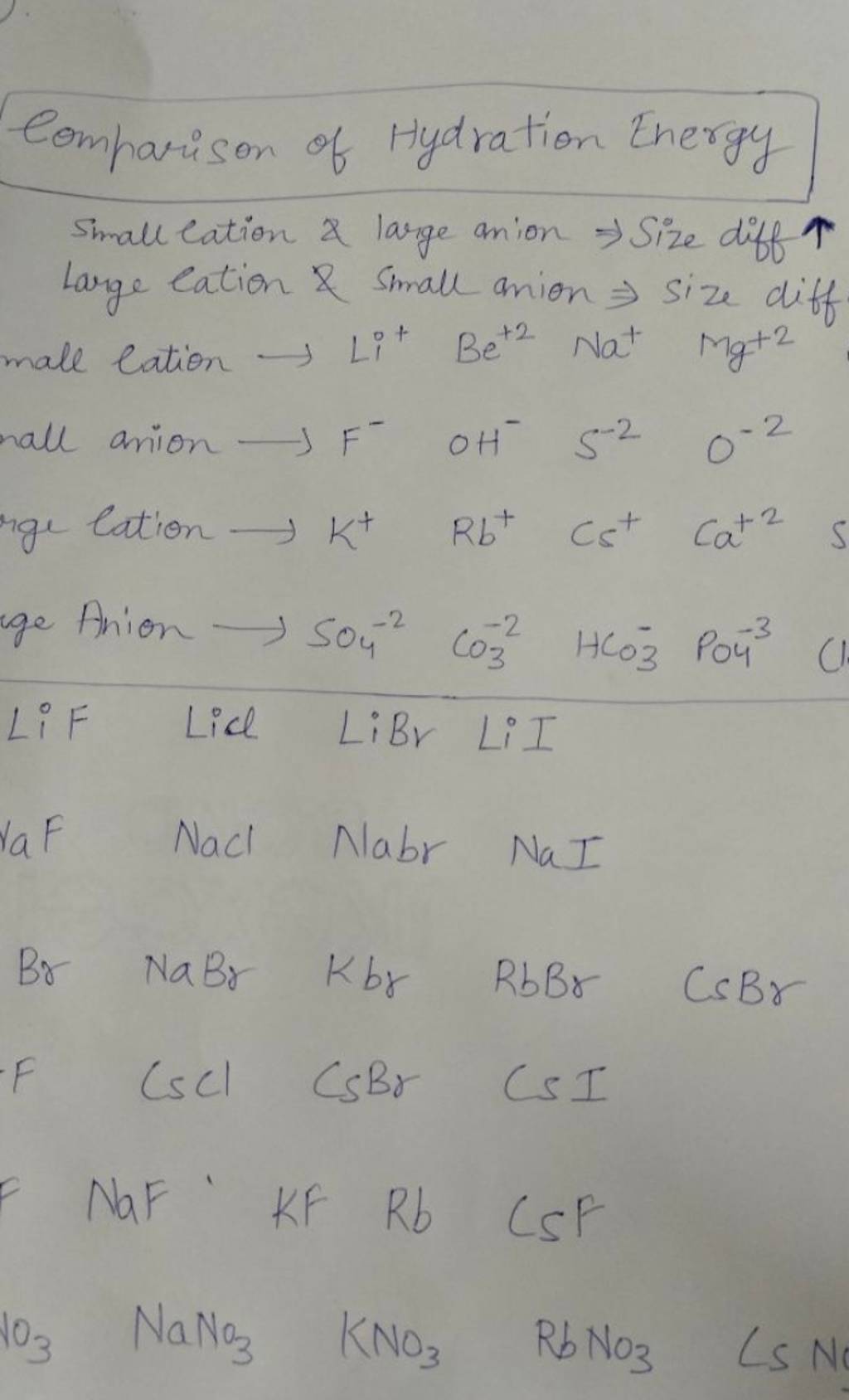 Comparison of Hydration Energy smalleation \& large anion ⇒ Size diff ↑ L..