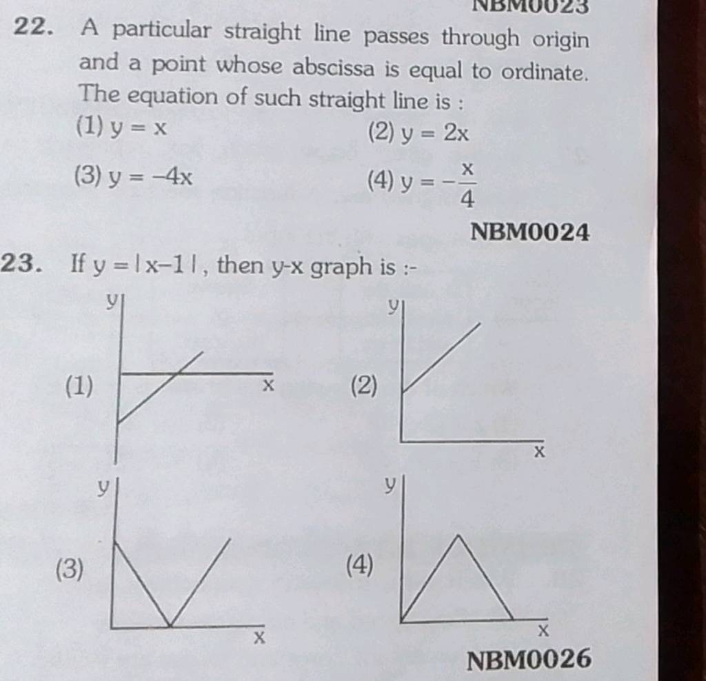 NBM0024 23. If y=∣x−1∣, then y−x graph is :- | Filo