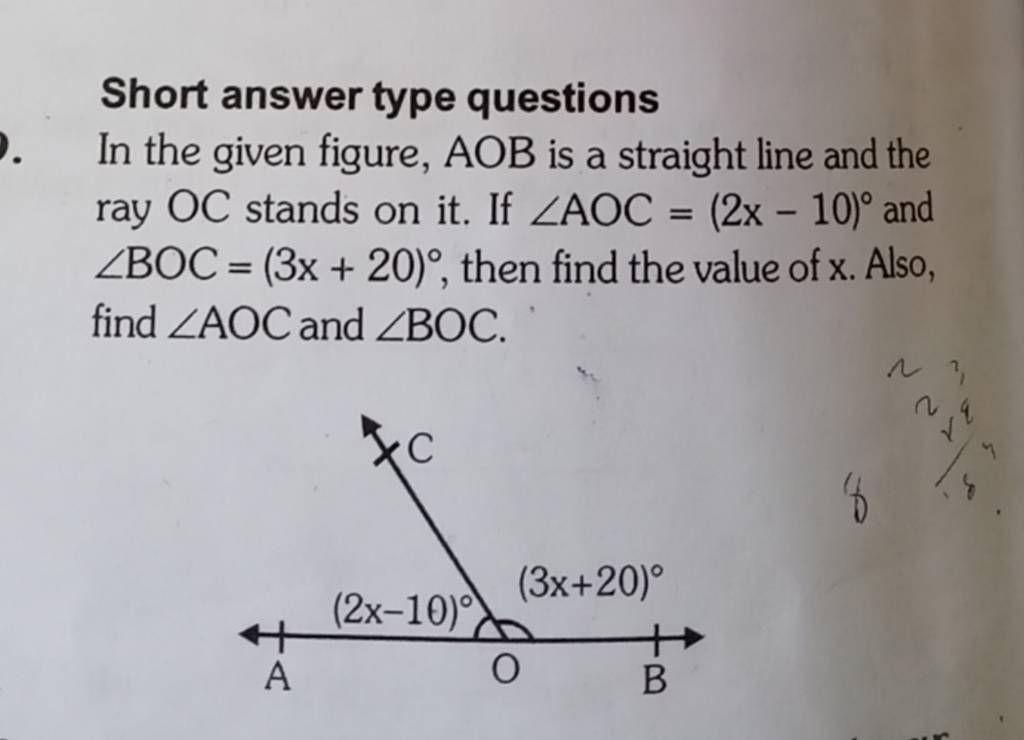 Short answer type questions In the given figure, AOB is a straight line a..