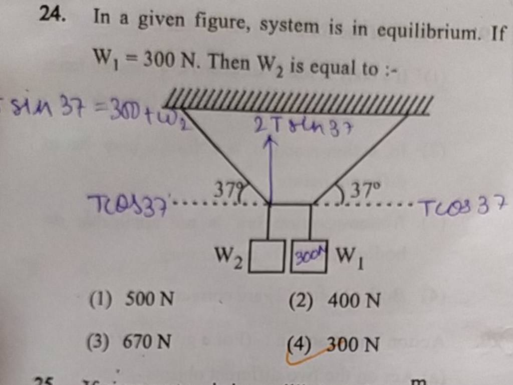 In a given figure, system is in equilibrium. If W1 =300 N. Then W2 is eq..