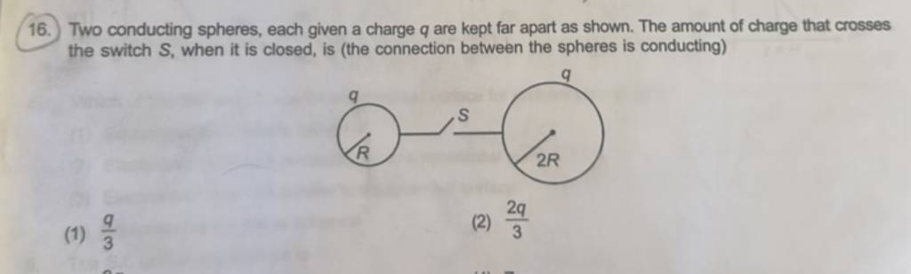 16. Two conducting spheres, each given a charge q are kept far apart as s..