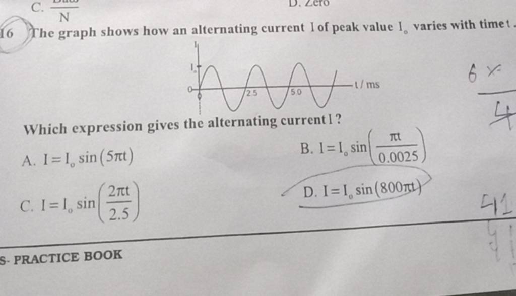 16 The graph shows how an alternating current I of peak value I∘ varies