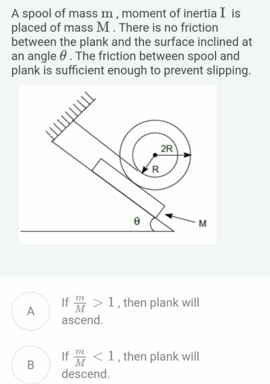 A spool of mass m, moment of inertia I is placed of mass M. There is no f..