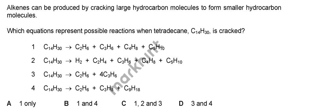 Alkenes can be produced by cracking large hydrocarbon molecules to form s..