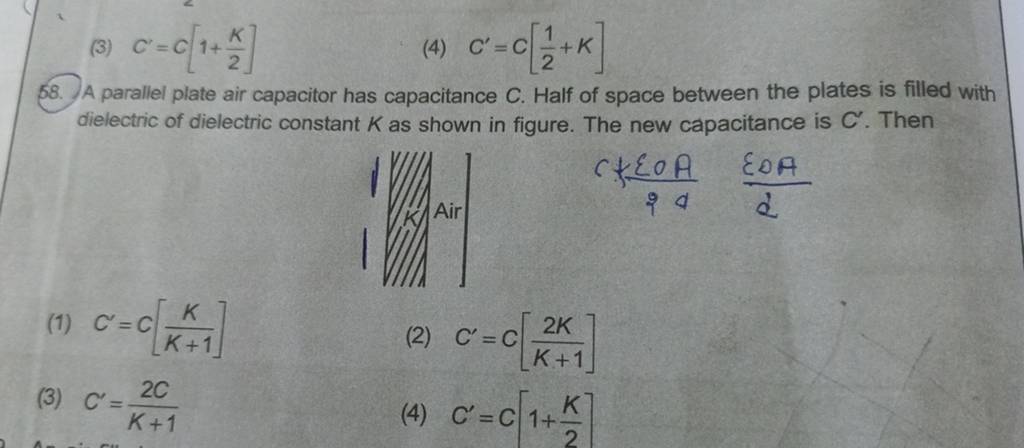 A parallel plate air capacitor has capacitance C. Half of space between t..